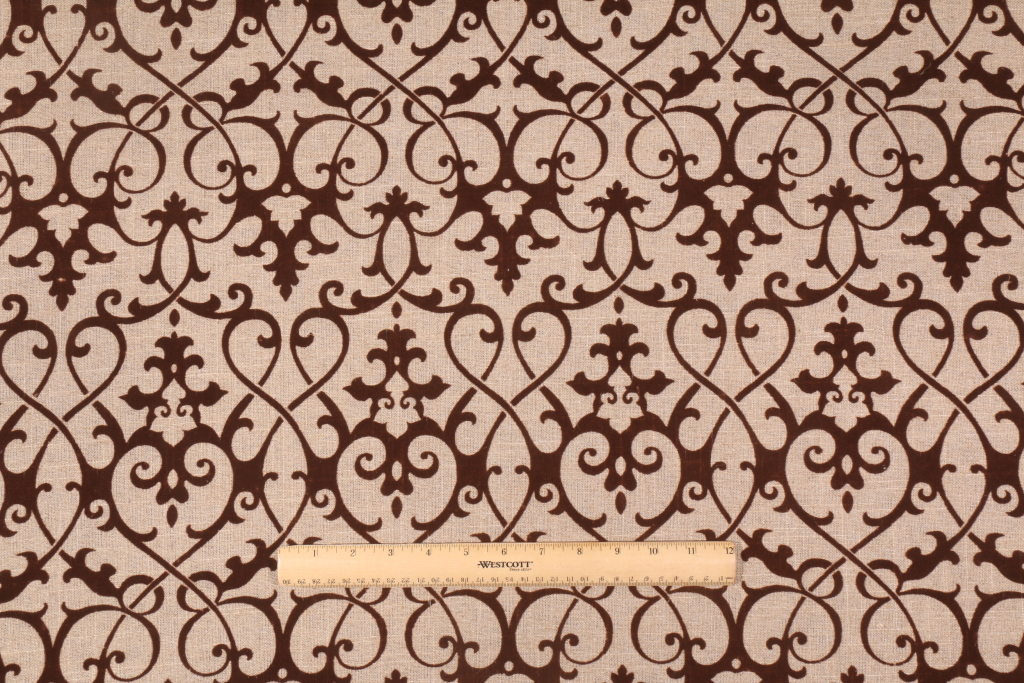 13.2 Yards Linen Decorator Fabric With Flocked Pattern in Chocolate/Natural