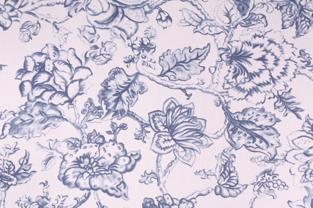 Floral Printed Cotton Drapery Fabric in Blue
