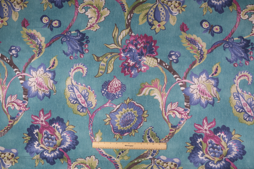 Robert Allen Eastern Floral Printed Cotton Drapery Fabric in Peacock