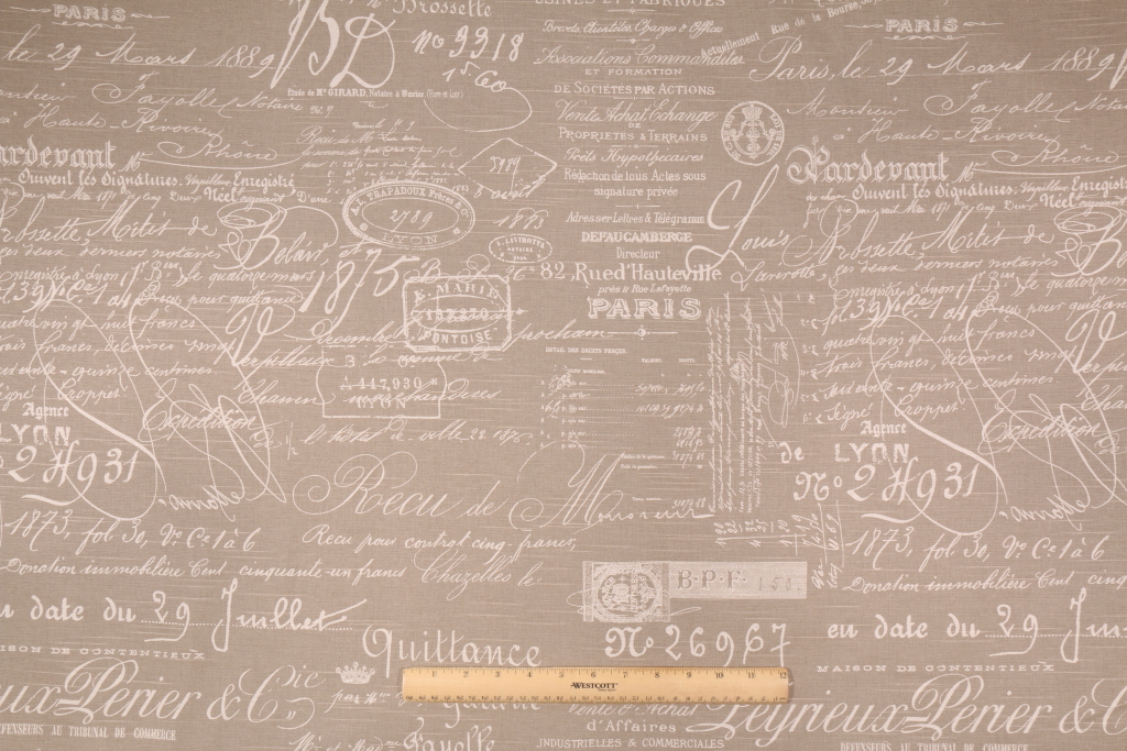 Lacefield Script Printed Cotton Drapery Fabric in Linen