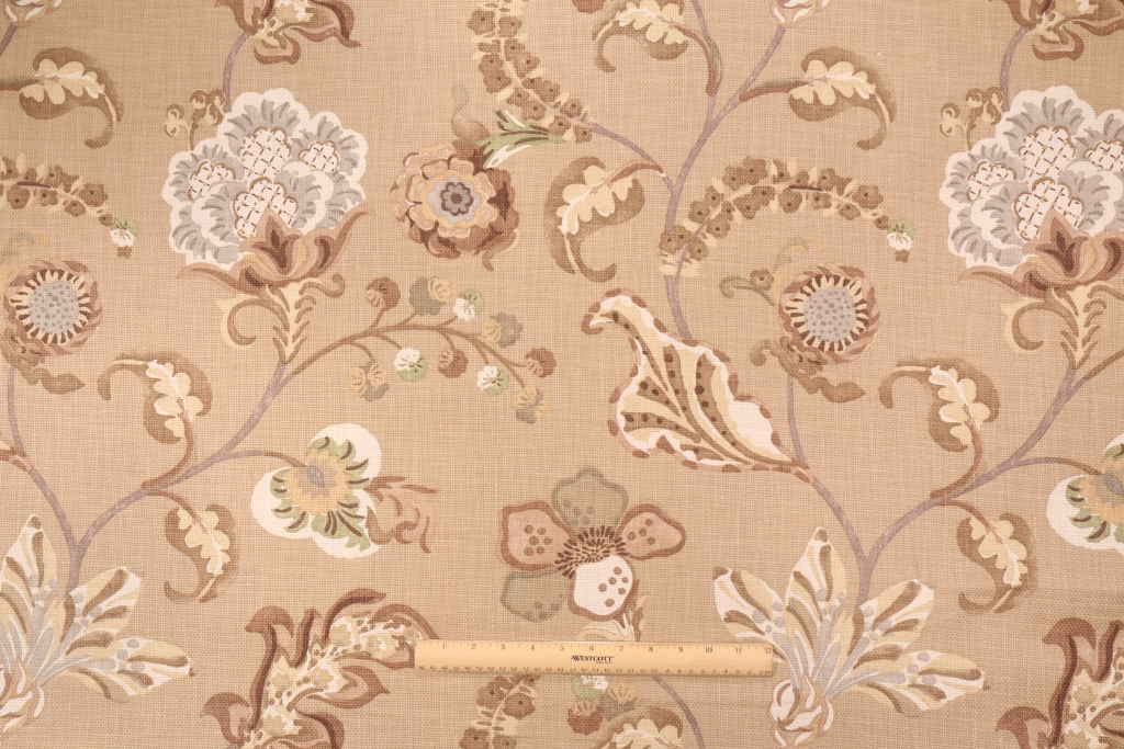 Robert Allen Woven Garden Printed Cotton Drapery Fabric in Camel