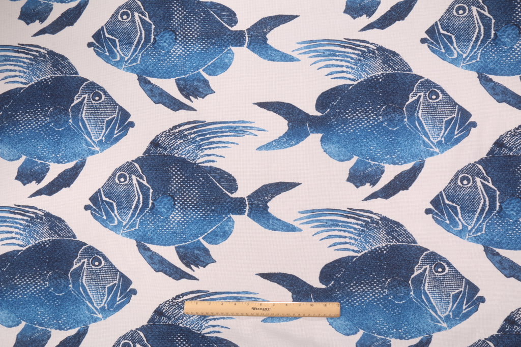Kaufmann Fish Printed Polyester Outdoor Fabric in Navy