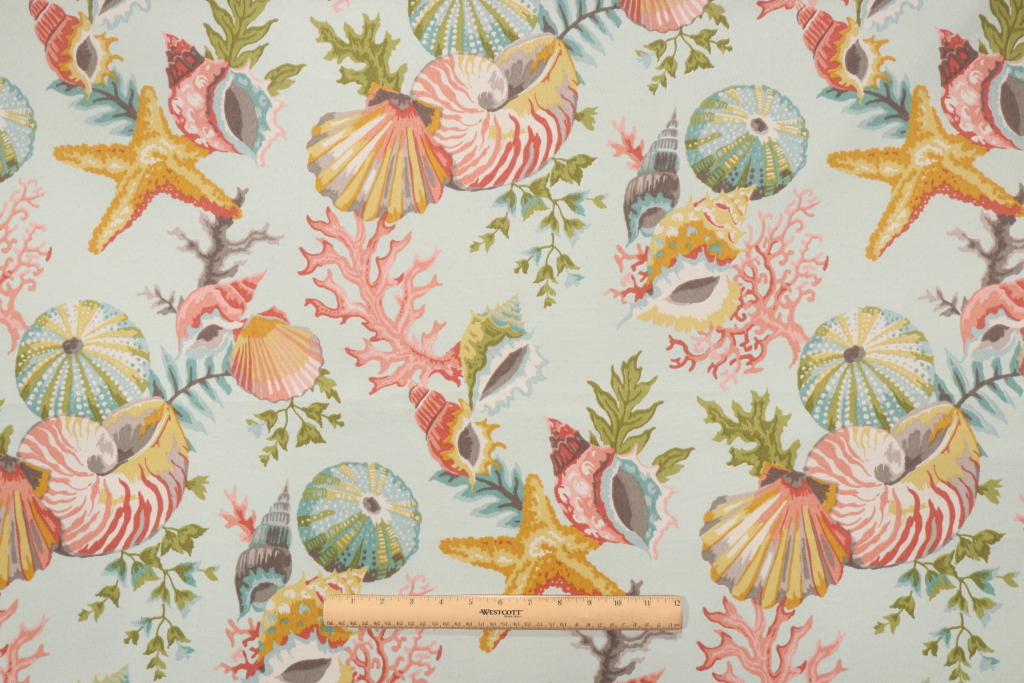 1 Yard Mill Creek Shells Printed Polyester Outdoor Fabric in Light Blue
