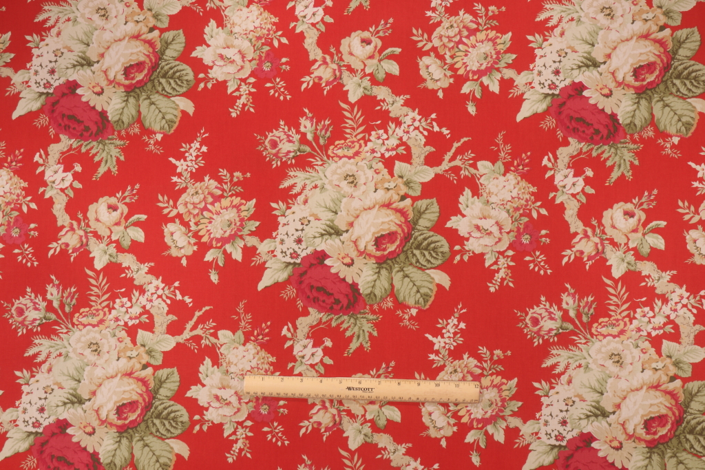 8 Yards Waverly Sanctuary Rose Printed Cotton Drapery Fabric in Crimson