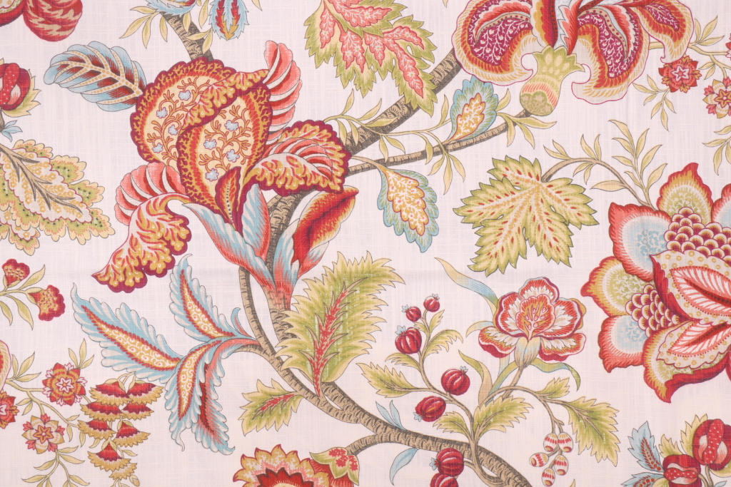 3.25 Yards Robert Allen Jacobean Printed Cotton Drapery Fabric in Coral
