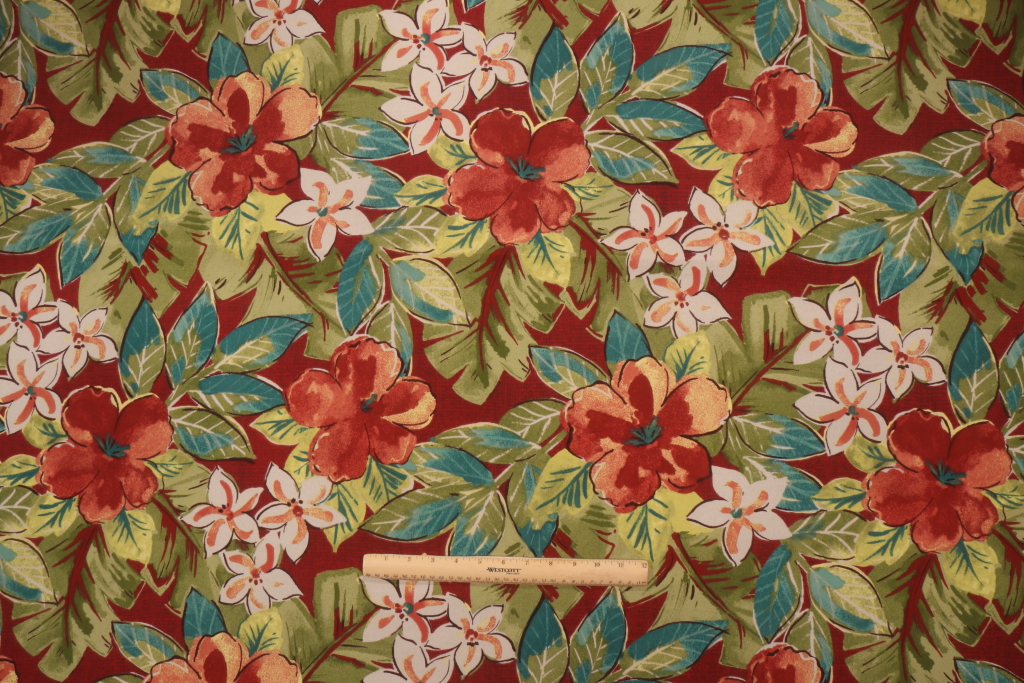 Tropical Flowers Printed Polyester Outdoor Fabric in Cherry