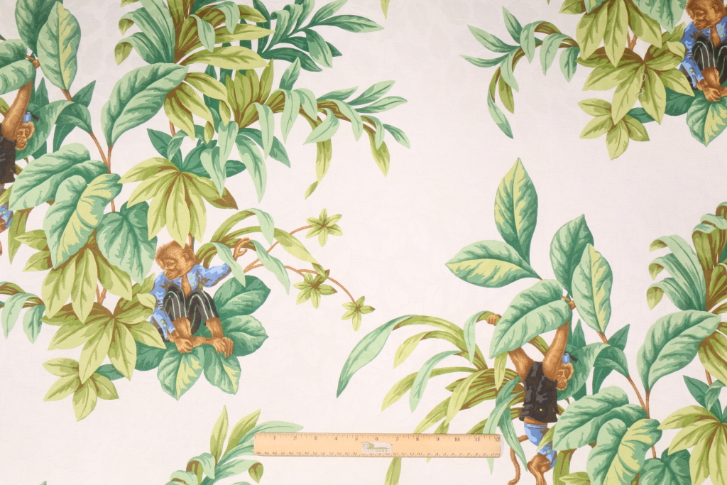 Monkey Jungle Printed Cotton Jacquard Drapery Fabric in White