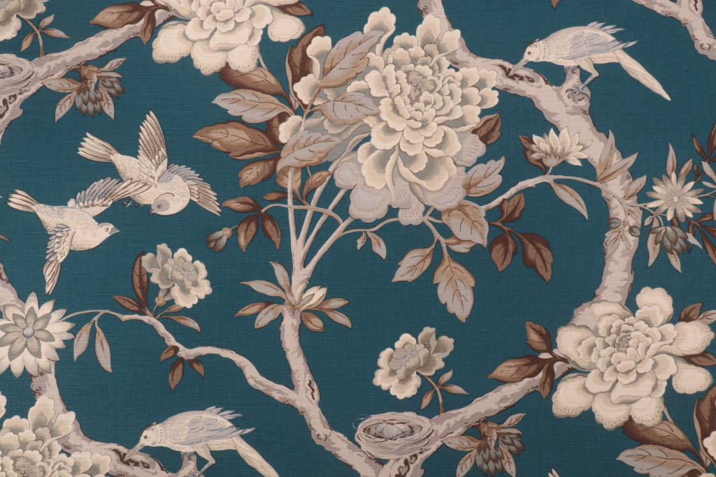 1.38 Yards Waverly Mudan Printed Cotton Drapery Fabric in Prussian