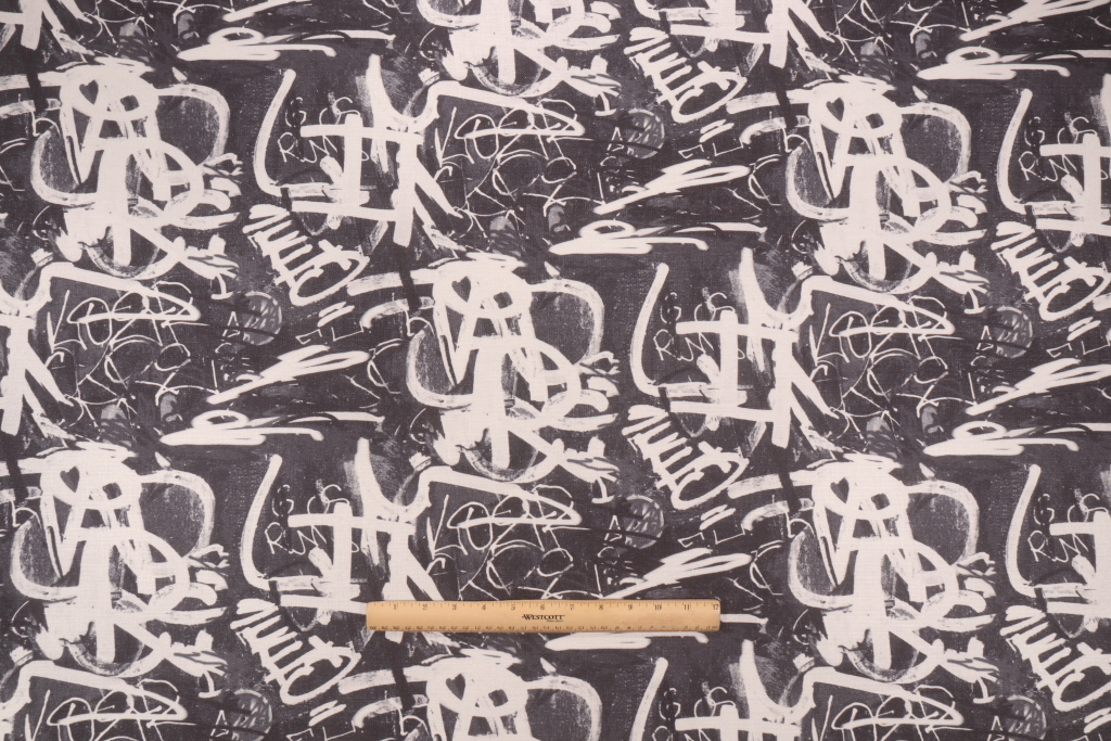 15 Yards Graffiti Printed Drapery Fabric in Charcoal