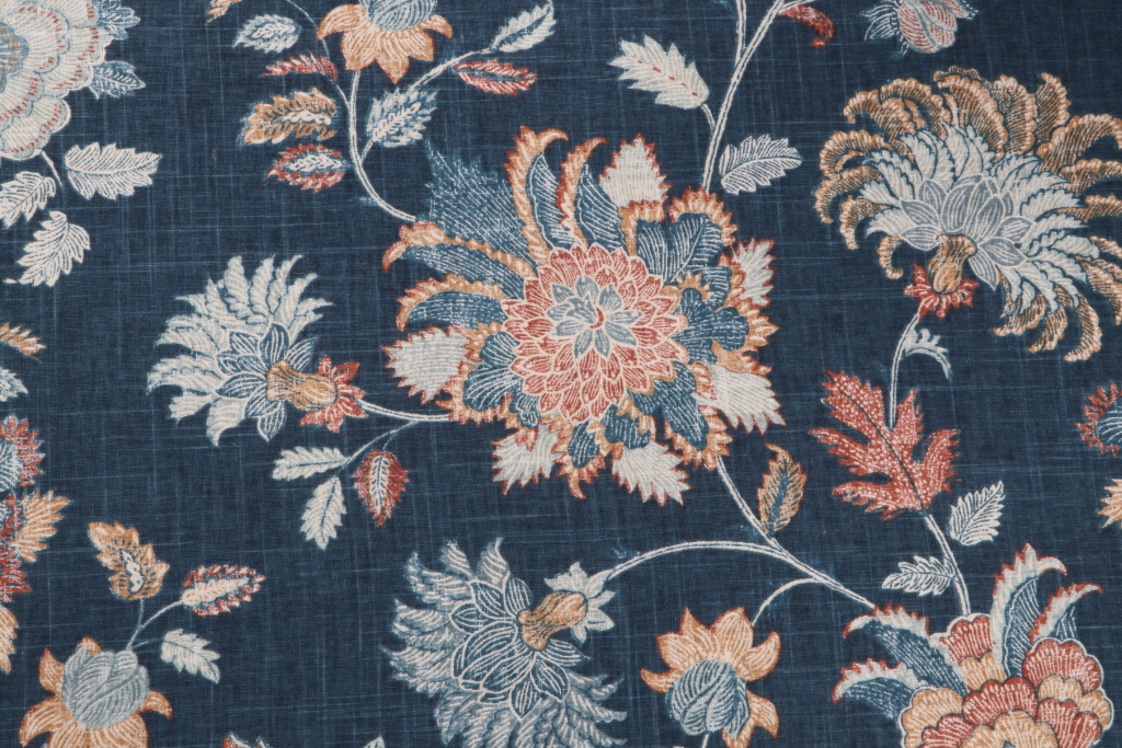 Richloom Bronte Printed Linen Blend Drapery Fabric in Indigo