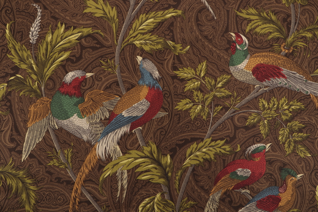 Braemore Pheasant Hunt Printed Cotton Twill Drapery Fabric in Leather