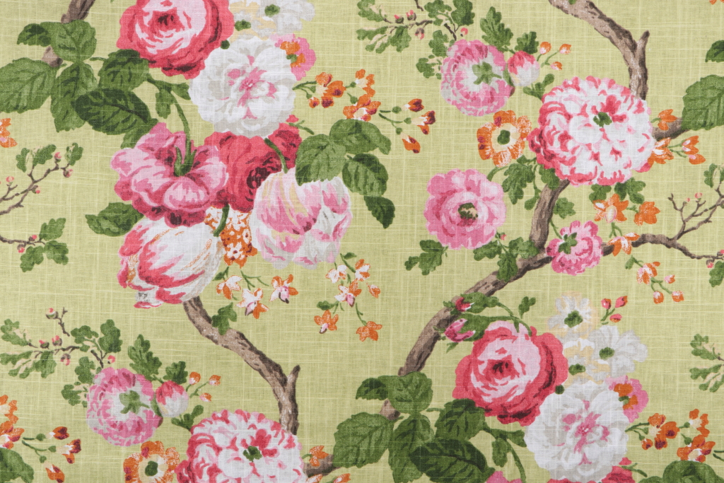 Sample of Kaufmann Manor House Printed Linen Blend Drapery Fabric in Fiesta