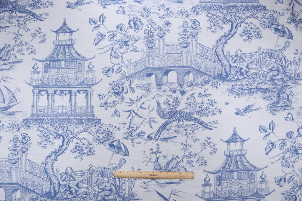 Williamsburg Chinoiserie Toile Printed Cotton Drapery Fabric in Porcelain