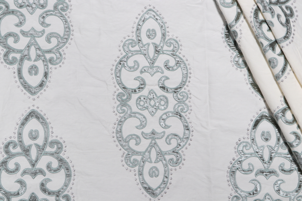 1.63 Yards Capein Medallion Velvet Embroidered Drapery Fabric in Seamist