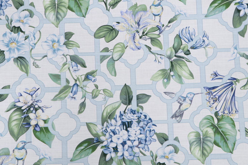 Waverly Treillage Printed Cotton Drapery Fabric in Serene Sky
