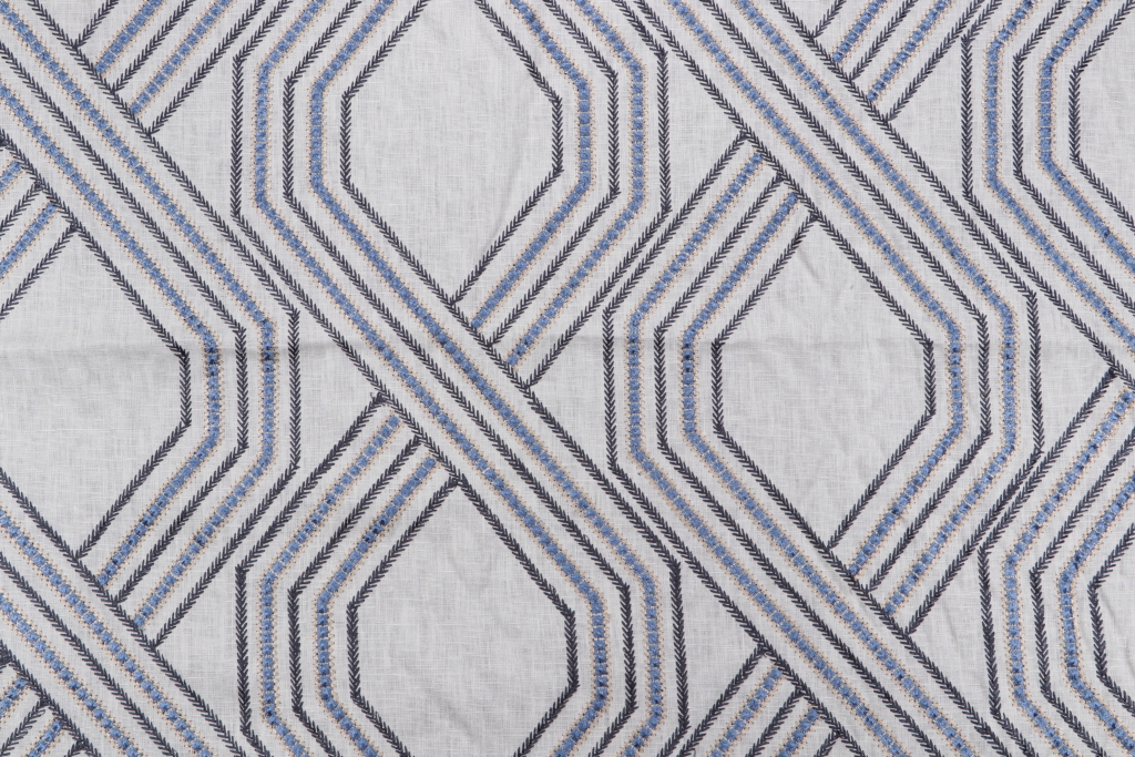 Dancy Embroidered Linen Drapery Fabric in Blue