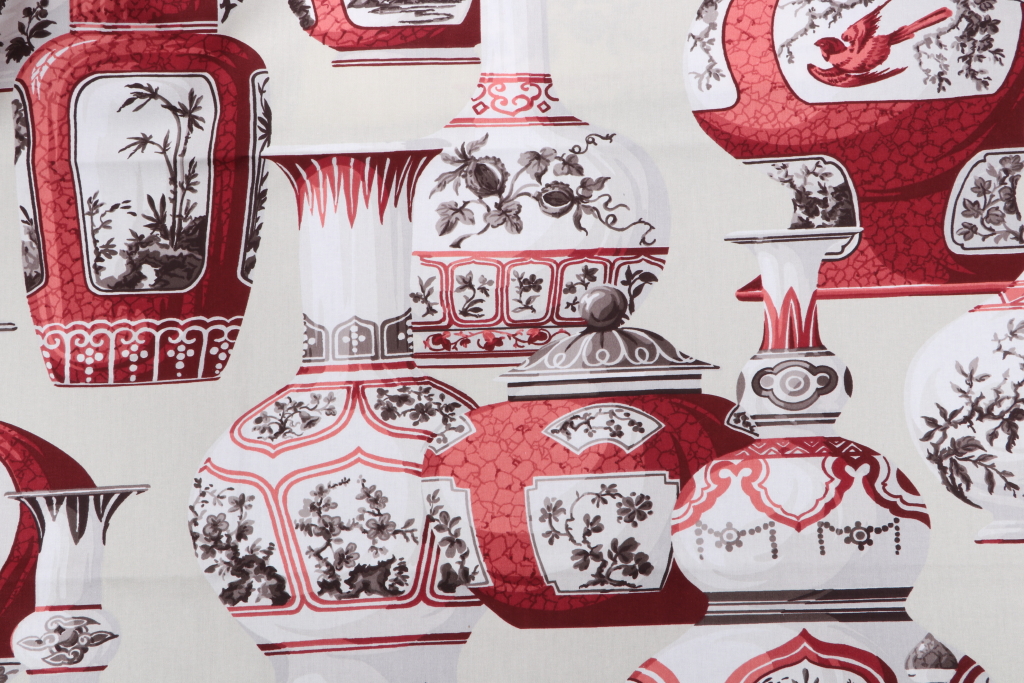 2 Yards Braemore Ming Ware Printed Cotton Drapery Fabric in Cinnabar