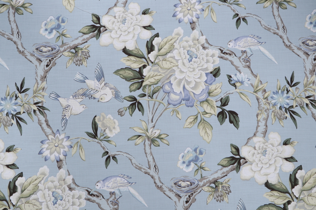 Waverly Mudan Printed Cotton Drapery Fabric in Chambray