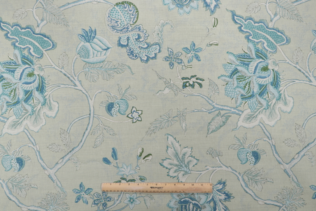 4.25 Yards Acquitaine Ohana Printed Linen Drapery Fabric in Eau De Vil