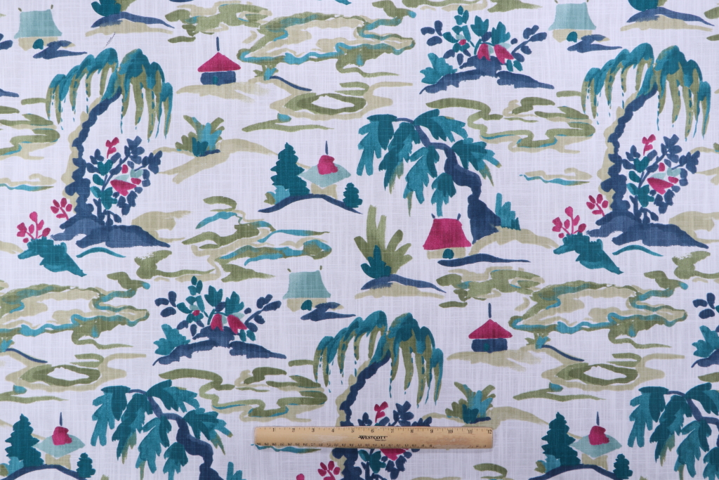 Robert Allen Baltic Pagoda Printed Cotton Drapery Fabric in Everglade