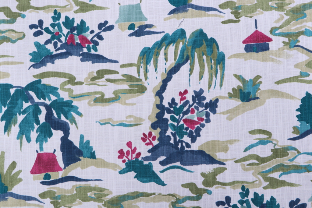 Robert Allen Baltic Pagoda Printed Cotton Drapery Fabric in Everglade