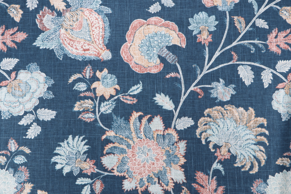 5.5 Yards Richloom Bronte Printed Linen Blend Drapery Fabric in Indigo
