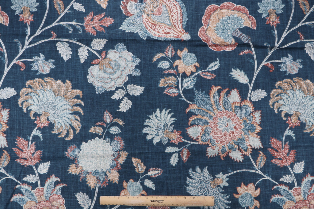 .75 Yards Richloom Bronte Printed Linen Blend Drapery Fabric in Indigo