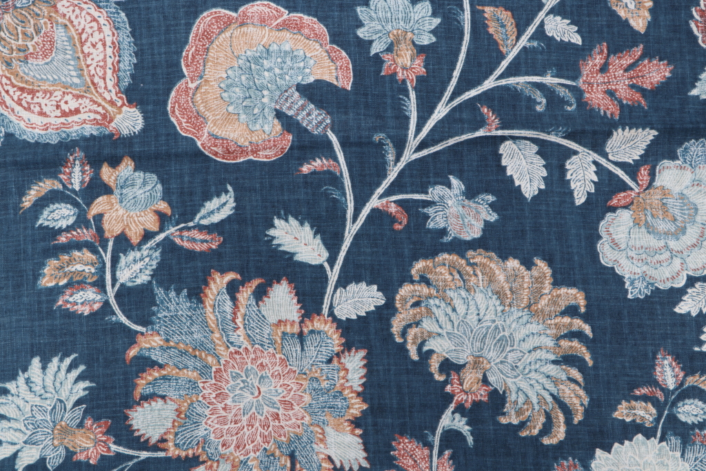 .75 Yards Richloom Bronte Printed Linen Blend Drapery Fabric in Indigo