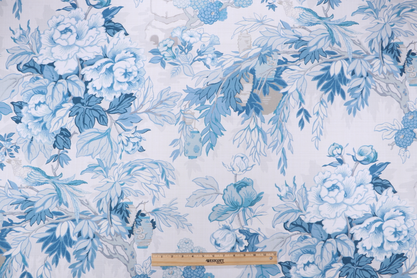 P Kaufmann Pagoda Garden Printed Cotton Drapery Fabric in Blue Sky