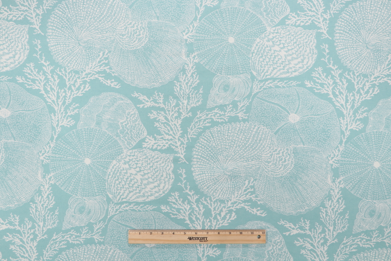2.13 Yards Seashells Woven Outdoor Fabric in Aqua