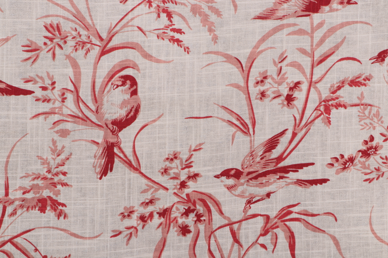 French General Aviary Toile Printed Linen Blend Drapery Fabric in Rouge