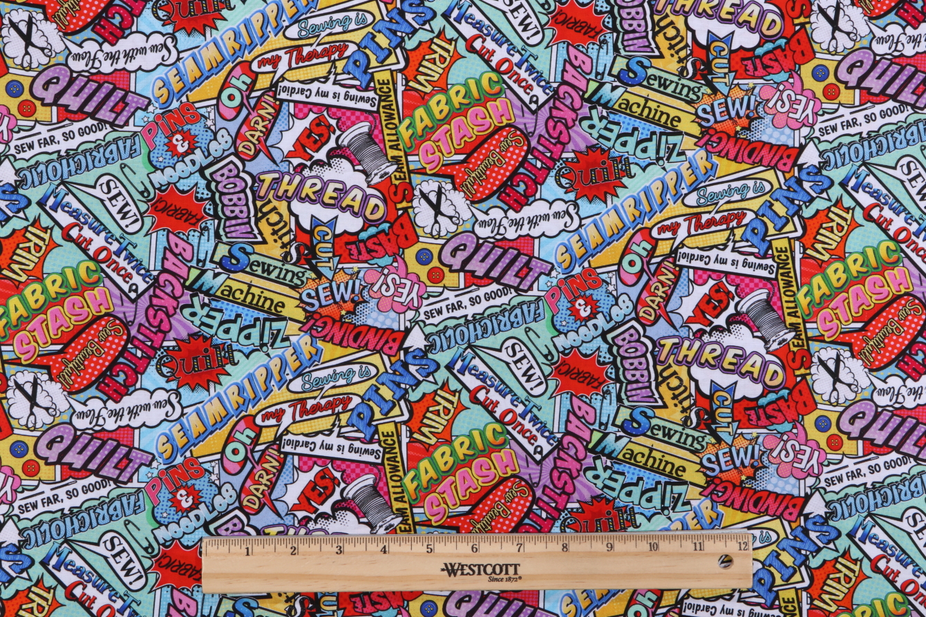 Timeless Treasures Sewing Room - Sewing & Quilting Words Comic Printed Cotton Craft Fabric in Multi