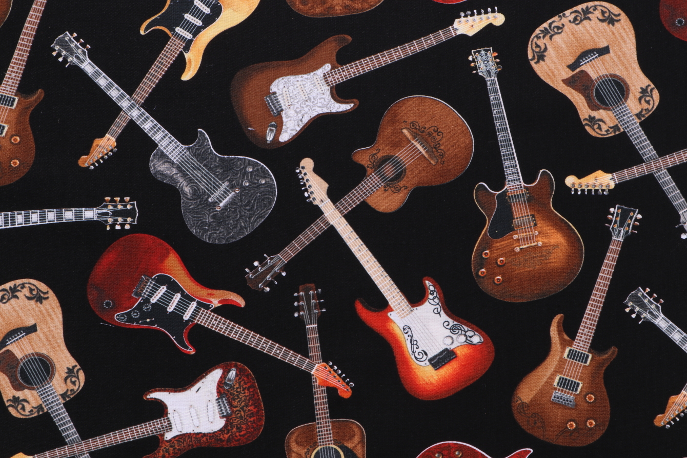 Timeless Treasures Tossed Guitars Printed Cotton Craft Fabric in Black