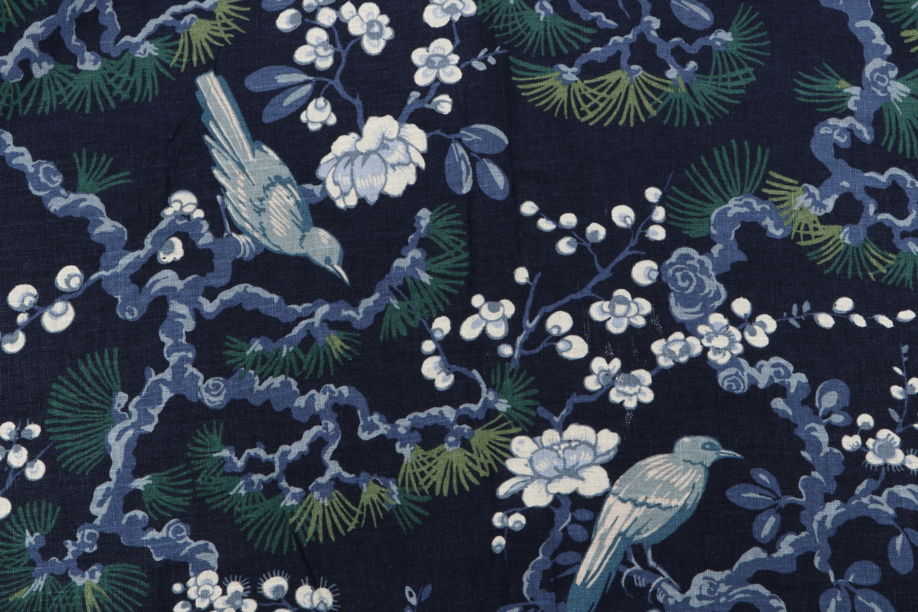 Vern Yip/Trend Asian Bird Printed Linen Blend Drapery Fabric in Navy ...