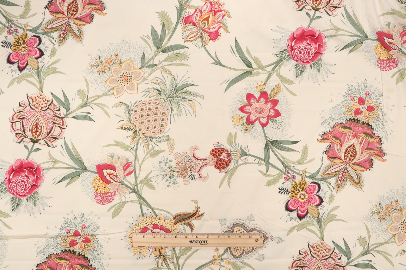 2.38 Yards Scalamandre Floral Printed Cotton Drapery Fabric in Cream