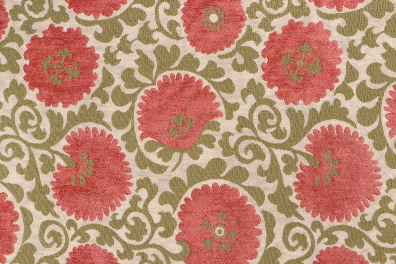 13 Yards Scalamandre Suzani Chenille Upholstery Fabric in Coral and Green