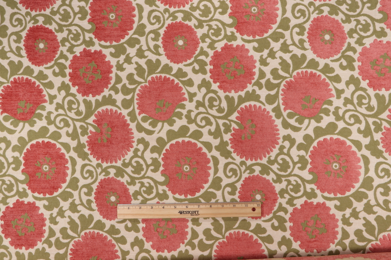 13 Yards Scalamandre Suzani Chenille Upholstery Fabric in Coral and Green