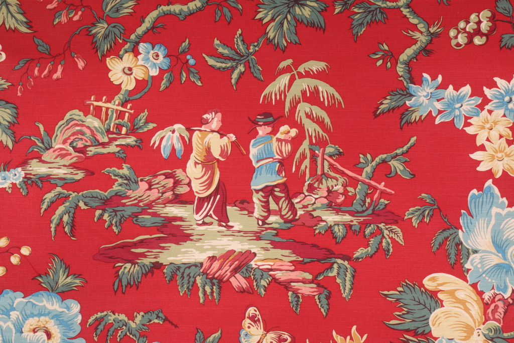 7.8 Yards Beacon Hill Farfalla Printed Linen Drapery Fabric in Claret