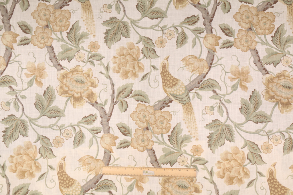 2.3 Yards Robert Allen Printed Cotton Drapery Fabric With Birds