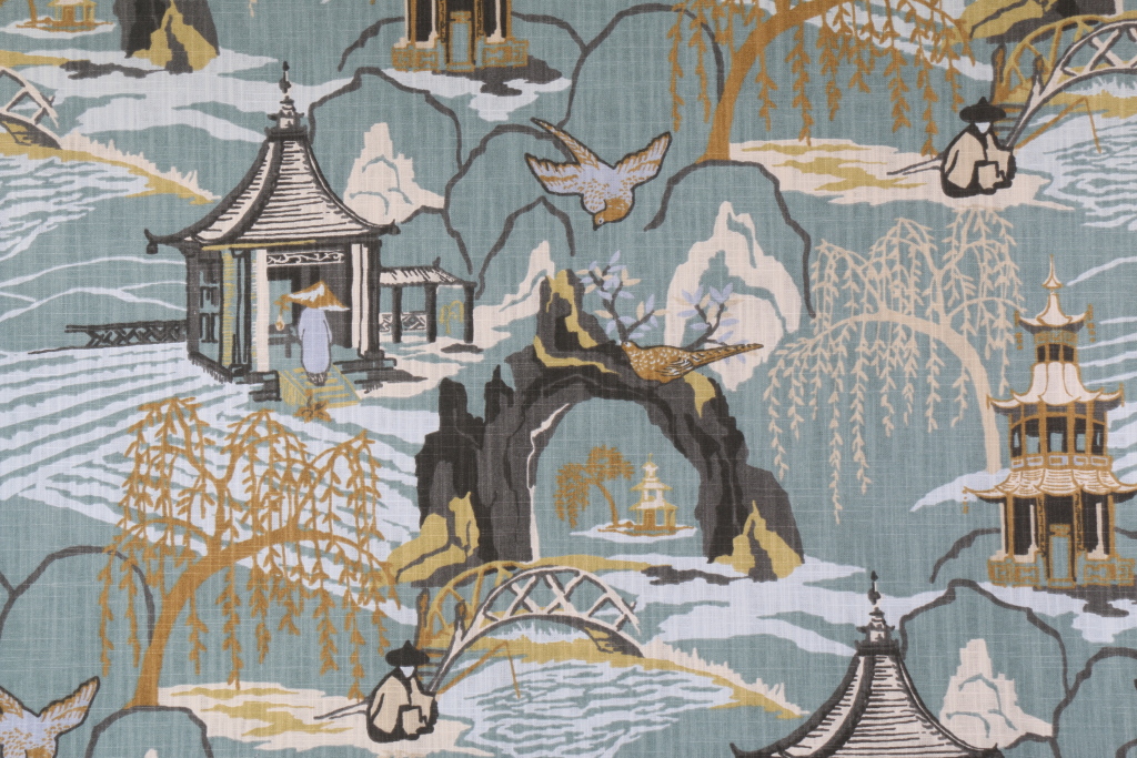 Robert Allen Neo Toile Printed Cotton Drapery Fabric in Cove