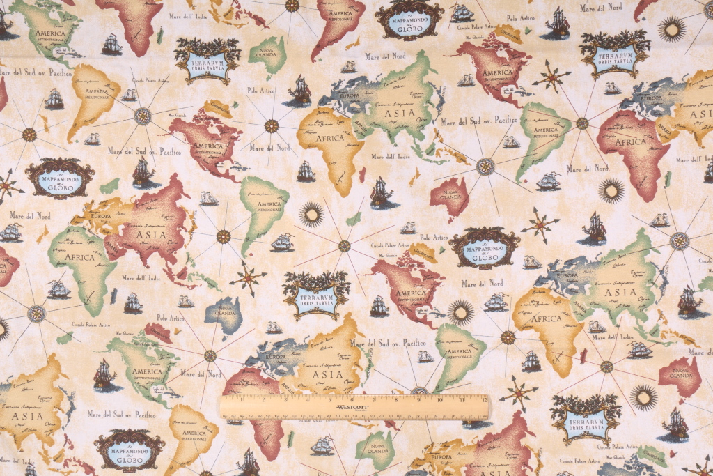 3.3 Yards Map Printed Cotton Drapery Fabric