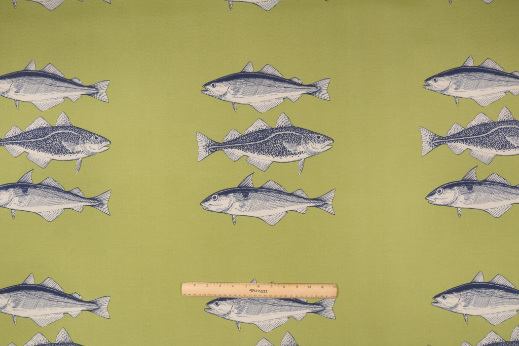 Bryant Stacked Fish Printed Polyester Outdoor Fabric in Marine Pond