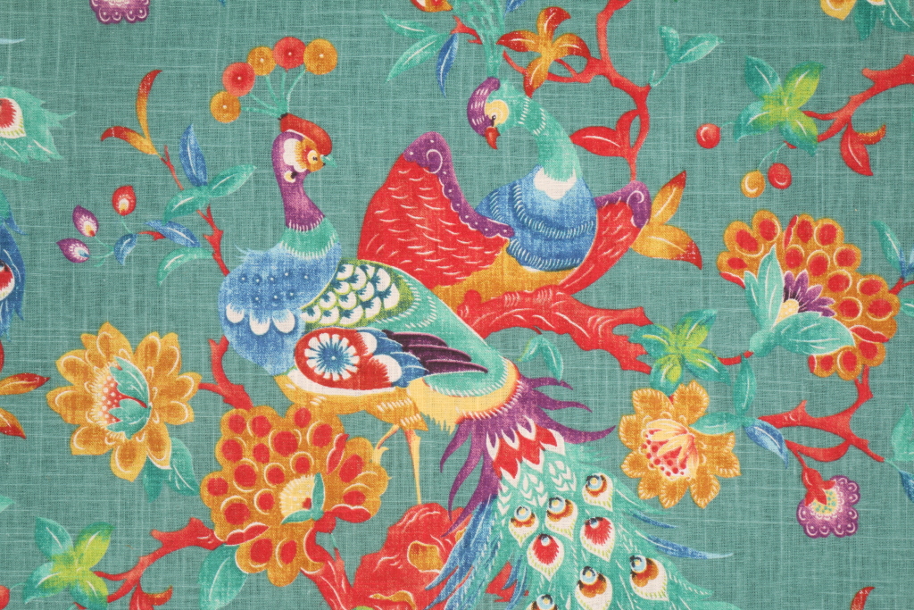 1.25 Yards Richloom Preen Printed Linen Blend Drapery Fabric in Peacock