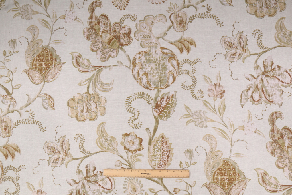 Floral Printed Linen Drapery Fabric in Dew