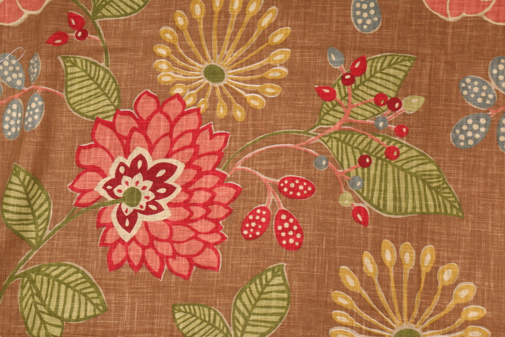 1.7 Yards Richloom Floral Printed Cotton Drapery Fabric in Jute