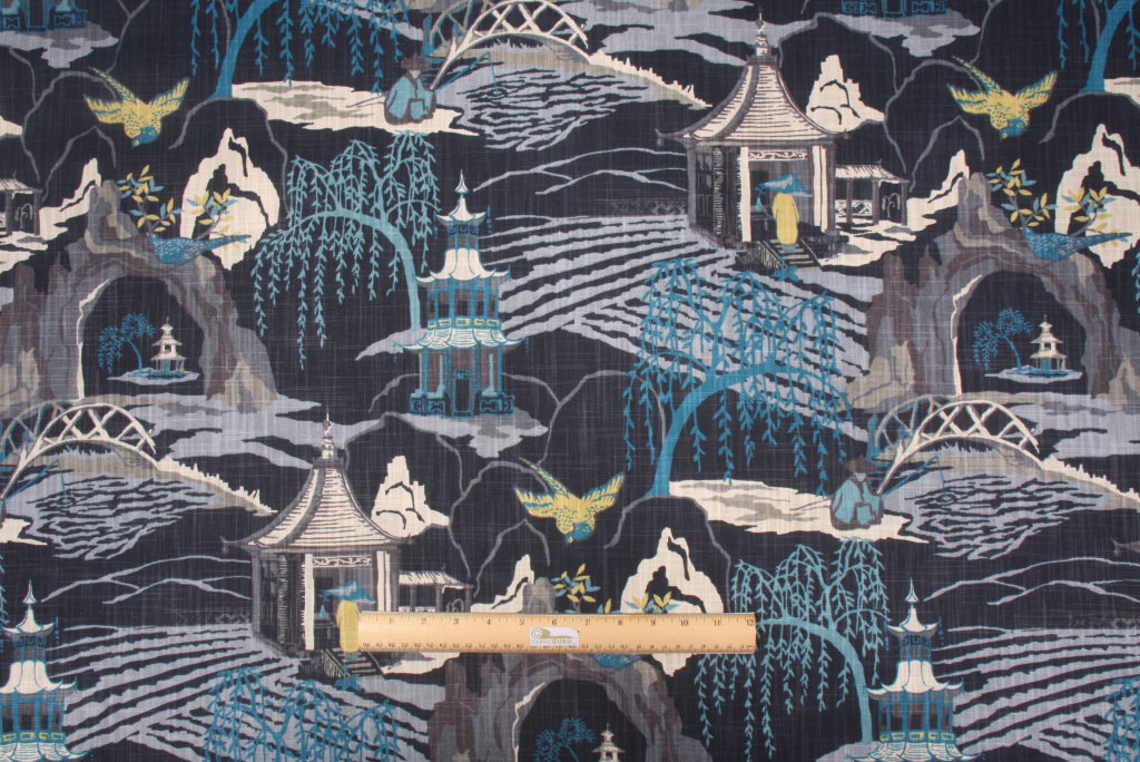 Robert Allen Neo Toile Printed Cotton Drapery Fabric in Indigo