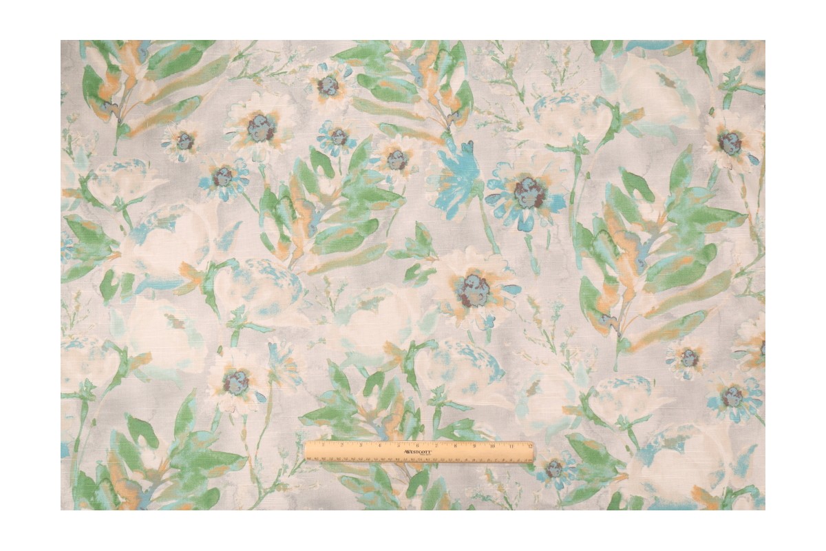 Kelly Ripa Flower Mania Printed Cotton Drapery Fabric in Seaglass